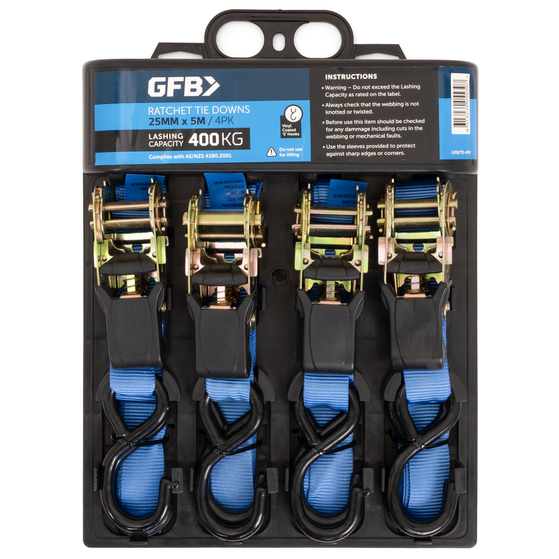 GFB 25mm x 5M 400Kg Capacity Ratchet Tie Down Straps - 4 Pack - GFB-TD ...