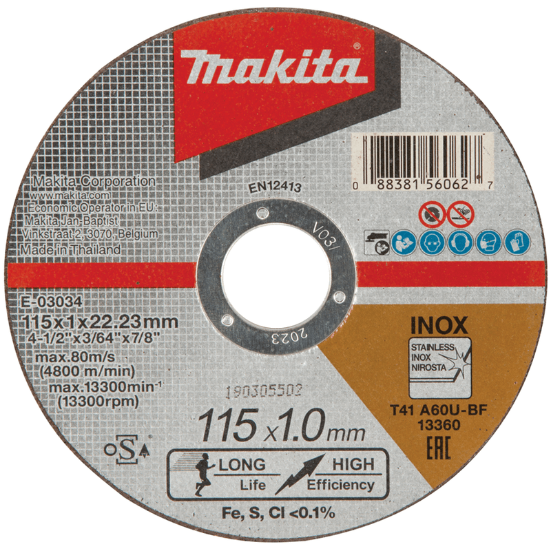 Makita 115mm x 1.0mm x 22.23mm Inox Ultra Thin Elite Cut Off Disc - E ...