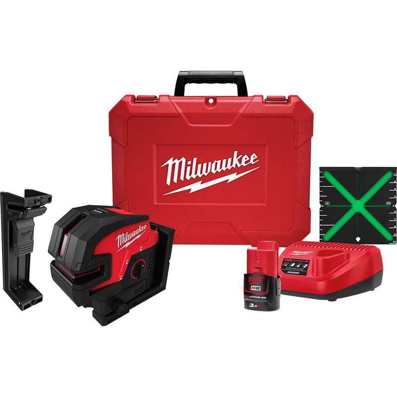 Milwaukee M12 3.0Ah Cordless Green Cross Line + 4-Points Laser Kit ...