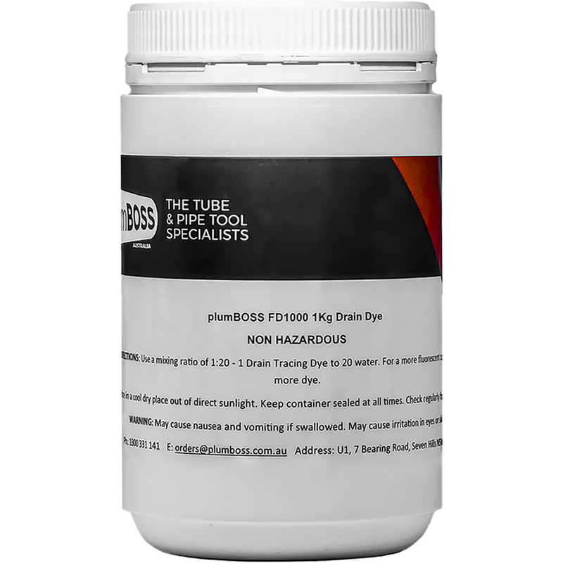plumBOSS Fluorescein Drain Dye 1Kg Container - FD1000 | TradeTools