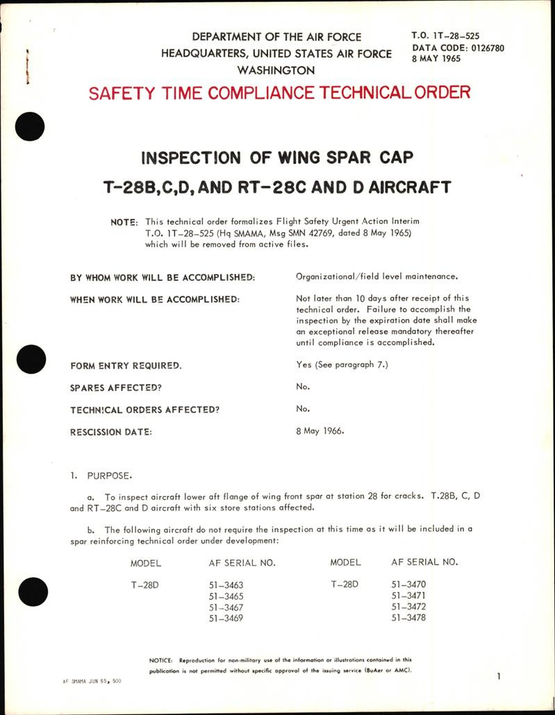 Inspection of Wing Spar Cap For T-28B, C, D, and RT-28C - AirCorps Library
