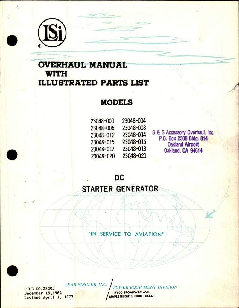 Overhaul Manual with Parts List for DC Starter Generator - AirCorps Library