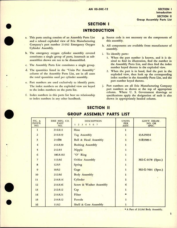 Illustrated Parts Breakdown for Emergency Oxygen Cylinder Assembly ...
