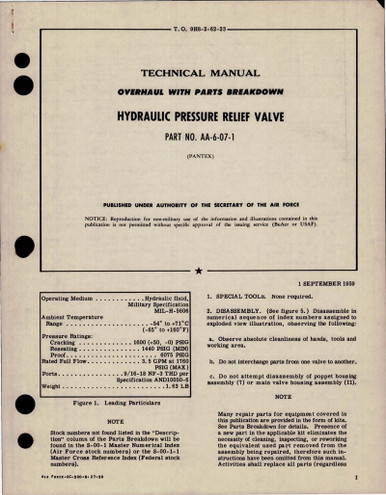 Overhaul with Parts Breakdown for Hydraulic Pressure Relief Valve - Part AA-6-07-1 - AirCorps ...
