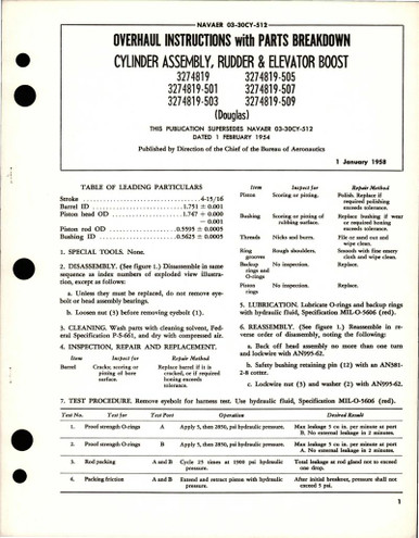 Overhaul Instructions with Parts for Rudder and Elevator Boost Cylinder ...