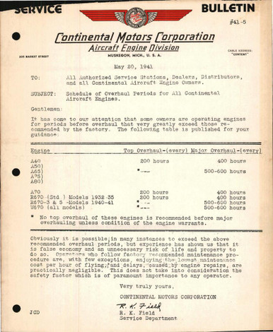 Schedule of Overhaul Periods for all Continental Aircraft Engines ...