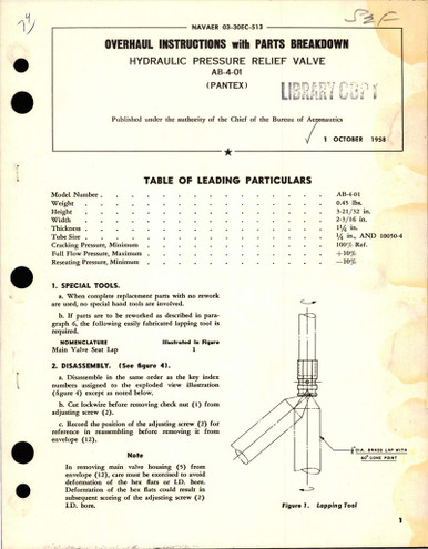 Overhaul Instructions with Parts Breakdown for Hydraulic Pressure Relief Valve - AB-4-01 ...