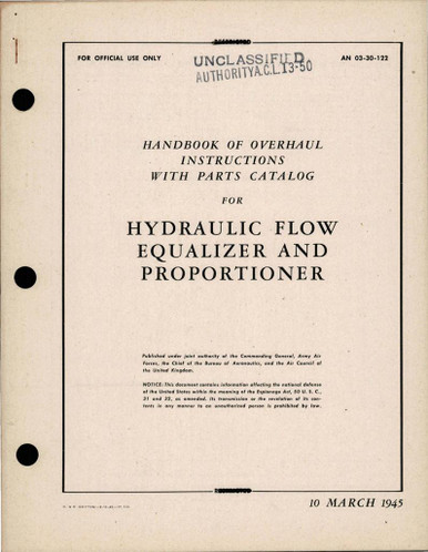 Overhaul Instructions with Parts Catalog for Hydraulic Flow Equalizer ...