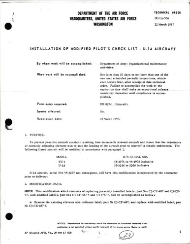 Installation of Modified Pilot's Check List - U-1A - AirCorps Library