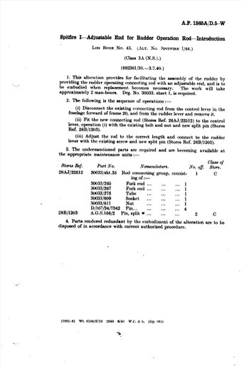 Spitfire I Adjustable End for Rudder Operation Rod Introduction ...