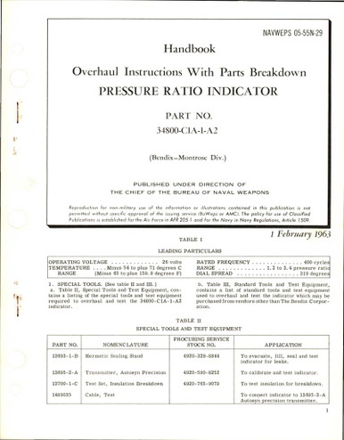 Overhaul Instructions with Parts Breakdown for Pressure Ratio Indicator - Part 34800-C1A-1-A2 ...