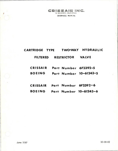 Overhaul Manual for Cartridge Type Two-Way Hydraulic Filtered ...