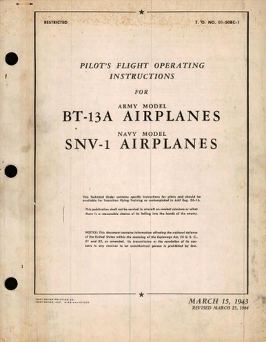 Pilot's Flight Operating Instructions for Army Model BT-13A Airplanes ...