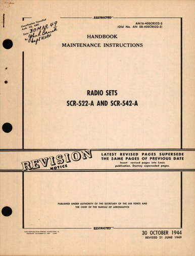 Maintenance Instructions for Radio Sets SCR-522-A and SCR-542-A ...