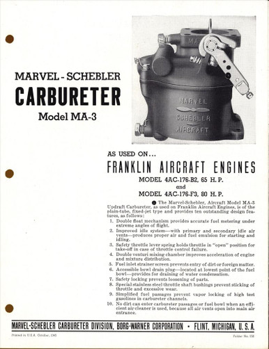 Model MA-3 Carburetor as Used on Franklin Aircraft Engines Model 4AC ...