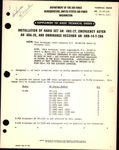 Installation of Radio Set AN-ARC-27, Emergency Keyer AN-ARA-26, and ...