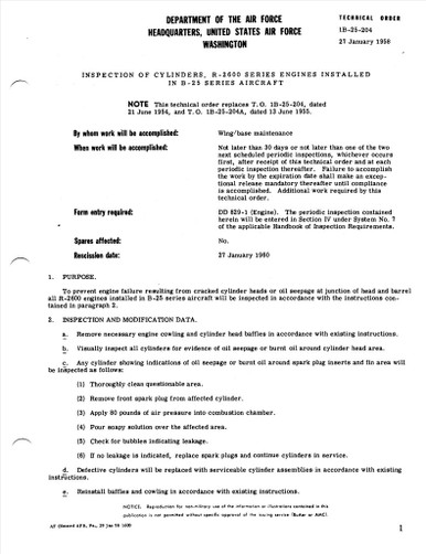 Inspection of Cylinders, R-2600 Series Engines in B-25 Series Aircraft ...