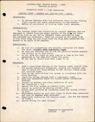 P-38 Electrical - Landing Light - Connect & Operate Work-Board ...