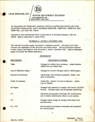 Overhaul Manual with Illustrated Parts List for Starter Generator ...