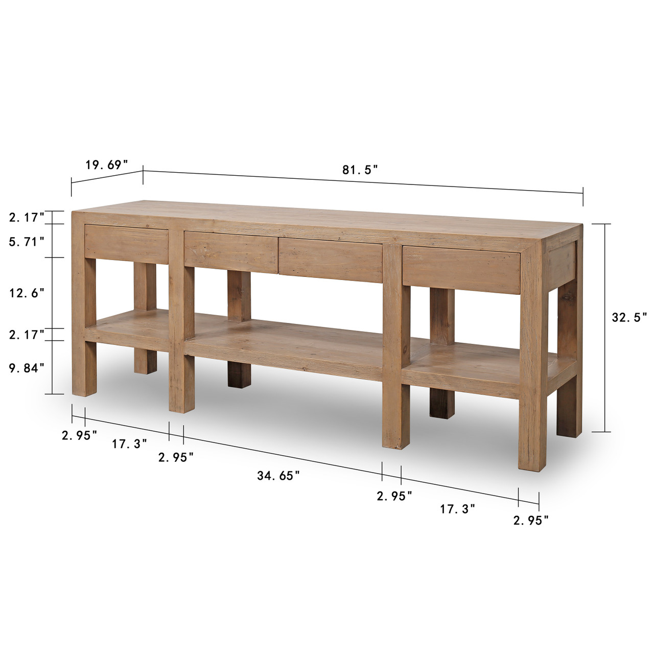 Capri console table with 4 hiding drawers weathered natural 81.5x20x32 ...