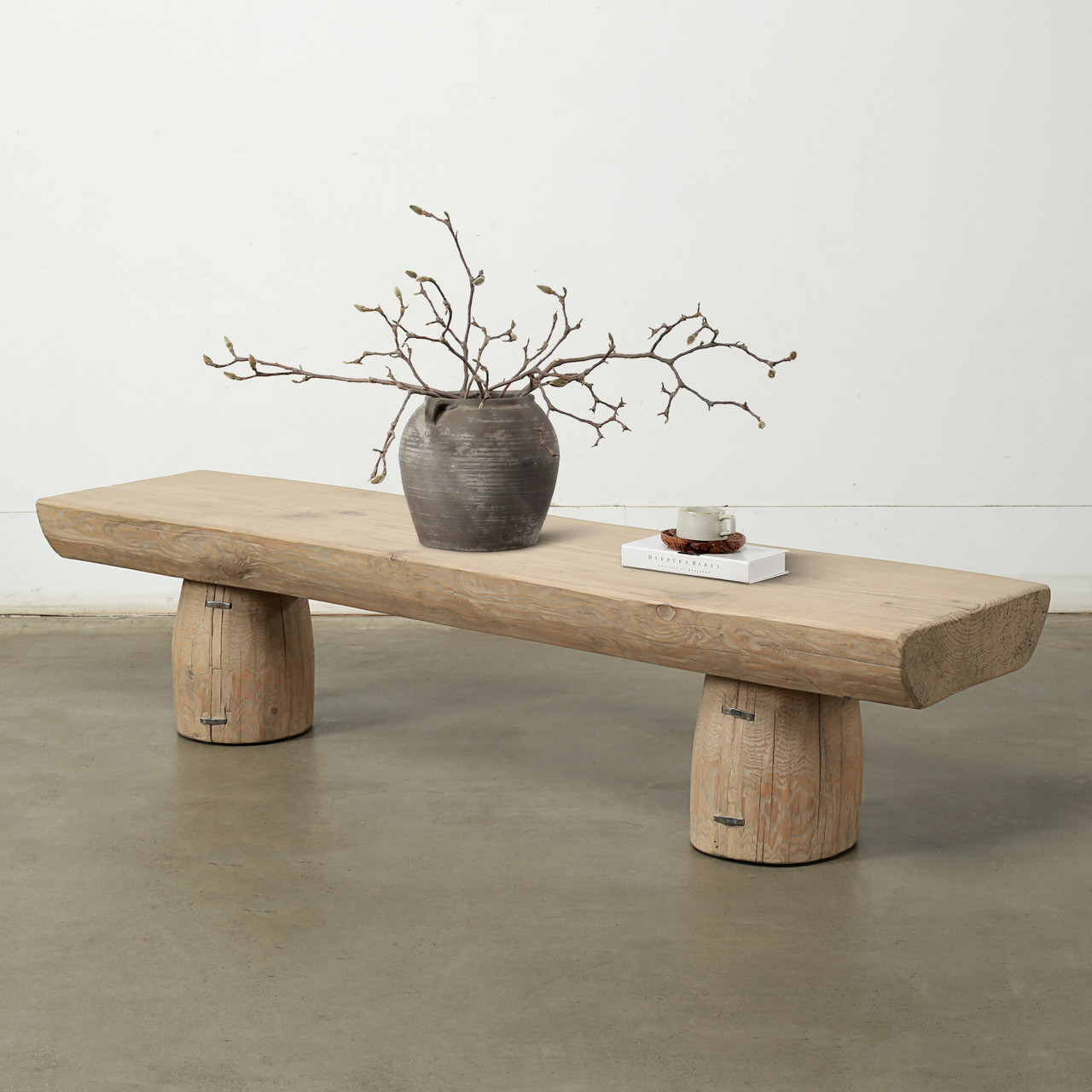 Approx. 68" Long Live Edge Reclaimed Wood Bench with Barrel Legs (Size ...