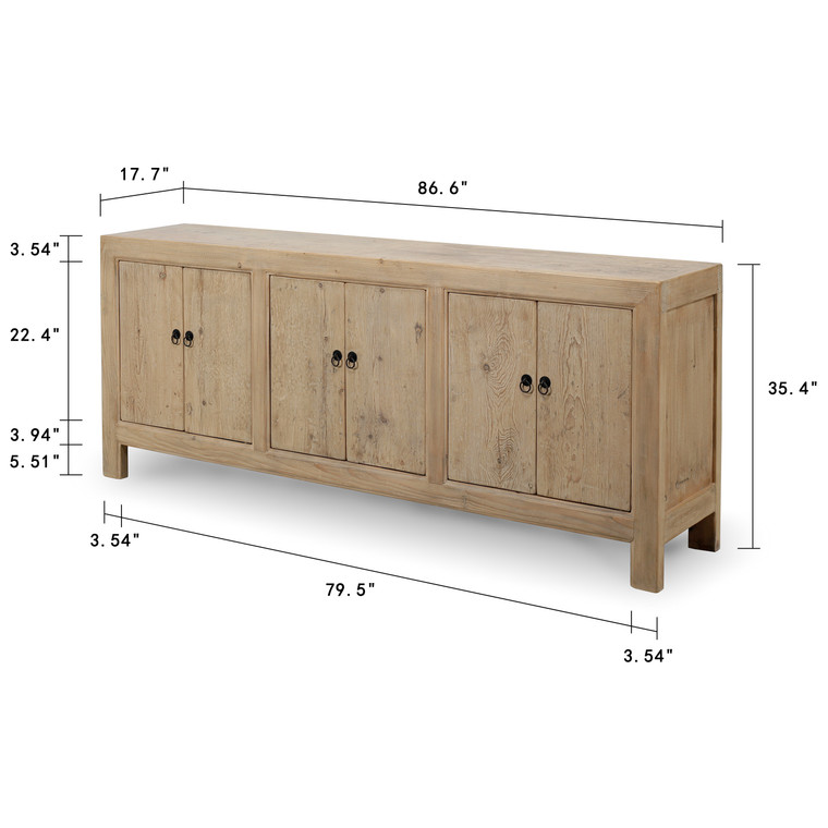 Six Door Sideboard Weathered Natural Pine Wood 87x18x35H - Lilys Living