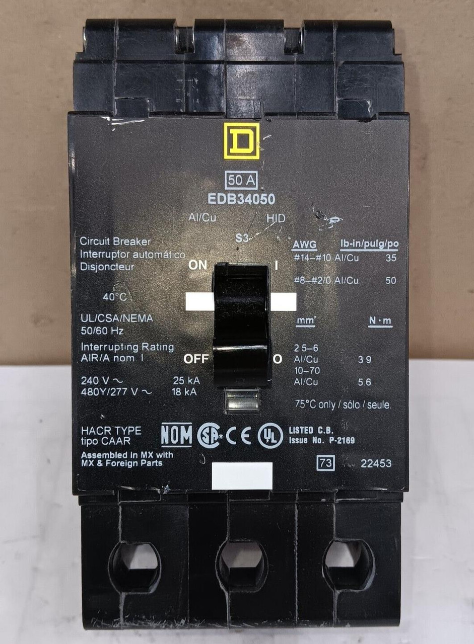 NEW SQUARE D EDB34050 BOLT-ON CIRCUIT BREAKER 50 AMP 3 POLE 480 VAC - C ...