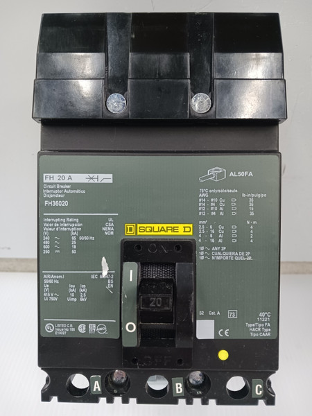 Square D 20 Amp I-Line Circuit Breaker 3 Pole 600 VAC / 250 VDC 25kA FH36020 - C & G Surplus Inc.