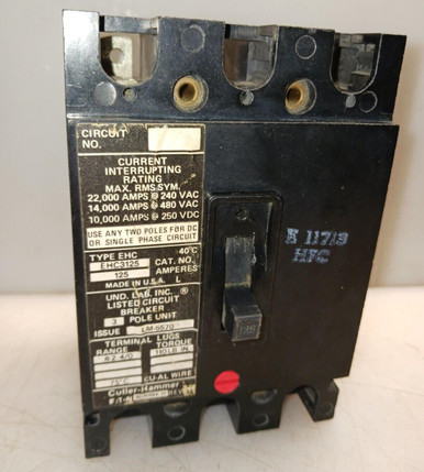 CUTLER HAMMER 125 AMP CIRCUIT BREAKER 240 / 480 VAC 3 POLE EHC3125 ...
