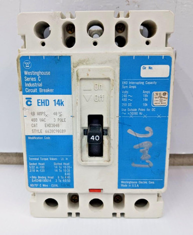 WESTINGHOUSE 40 AMP CIRCUIT BREAKER 3 POLE 480 VAC EHD3040 - C & G ...