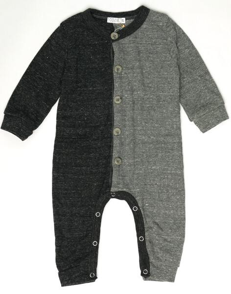 Split-Contrast Long-Sleeve Button-Down Onesie - Cozii