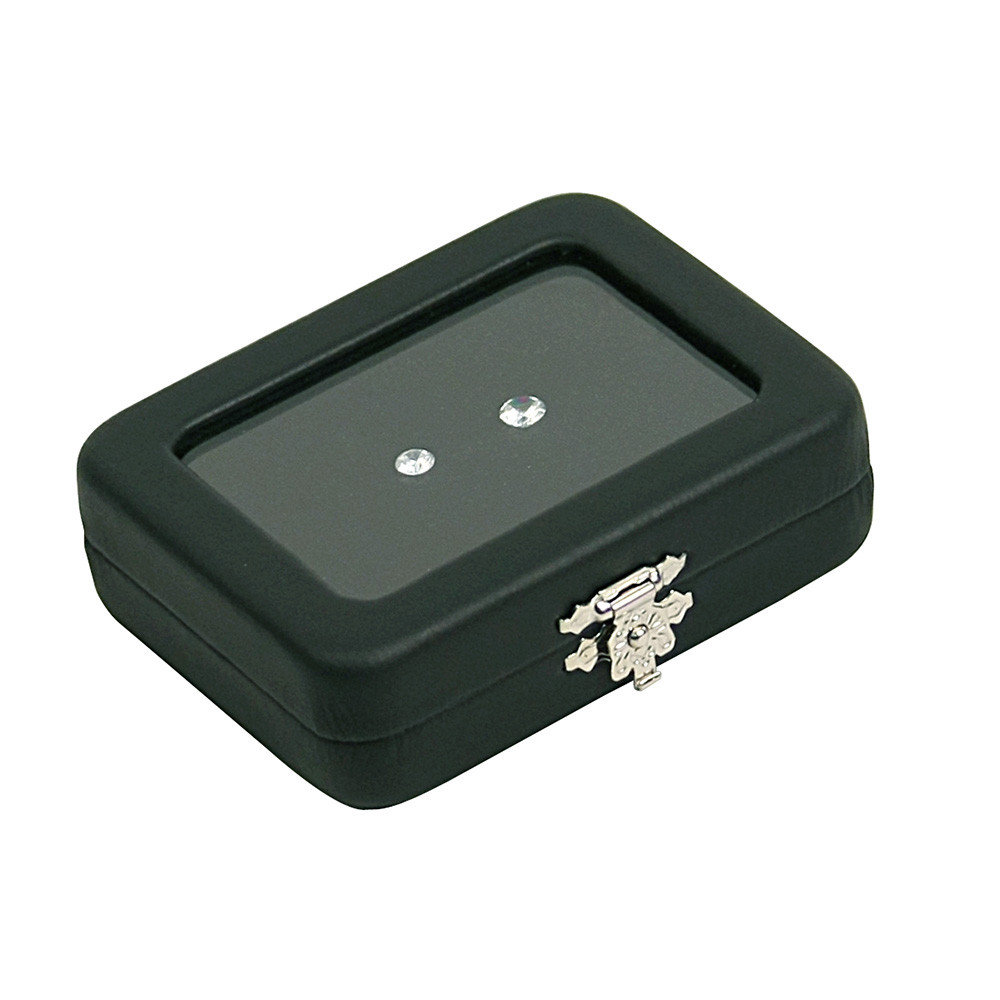 Glass top Black Faux Leather Metal Gem Box, 3 3/8 " x 2 1/2" x 1"H ...