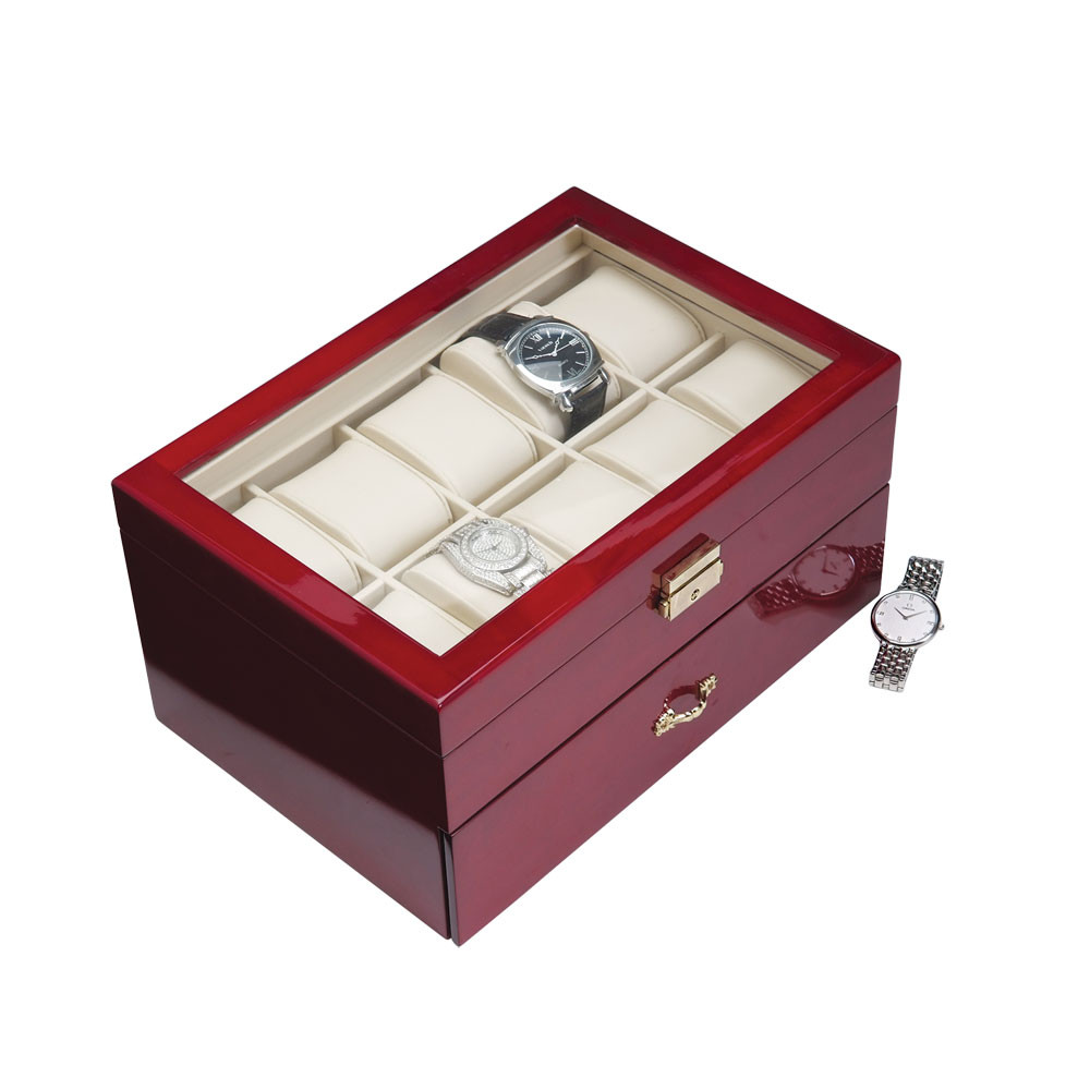 Glass Top Watch Case w/ Glossy Rosewood Exterior Holds 20 Watches, 11 5 ...