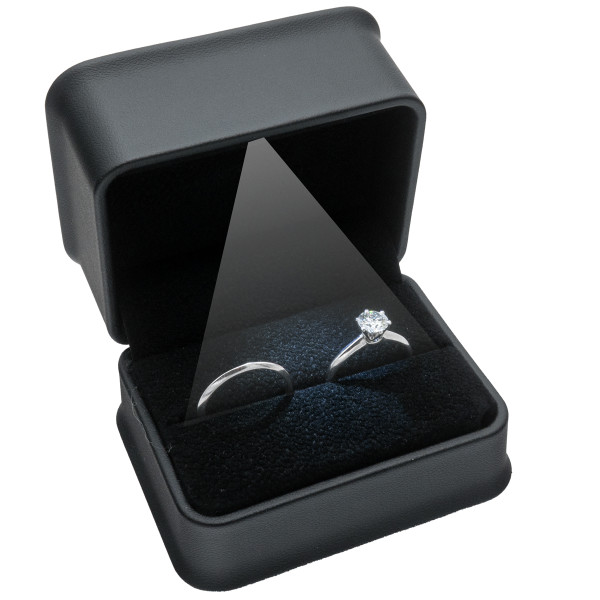 LED Lighted Double Ring Box Features Plush Black Leatherette Exterior ...