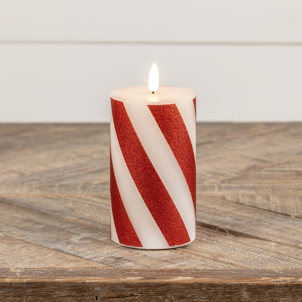 5" RED 3D FLAME CANDY CANE PILLAR CANDLE - Ragon House