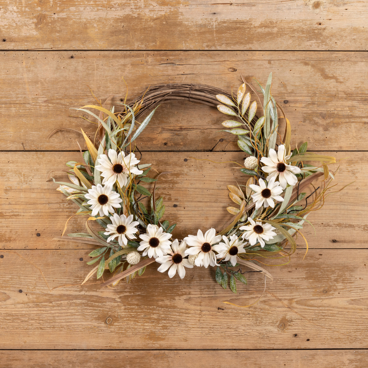 24" WHITE MIXED BLACK-EYED SUSAN WREATH - Ragon House