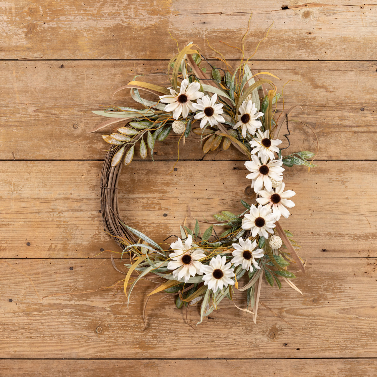 24" WHITE MIXED BLACK-EYED SUSAN WREATH - Ragon House