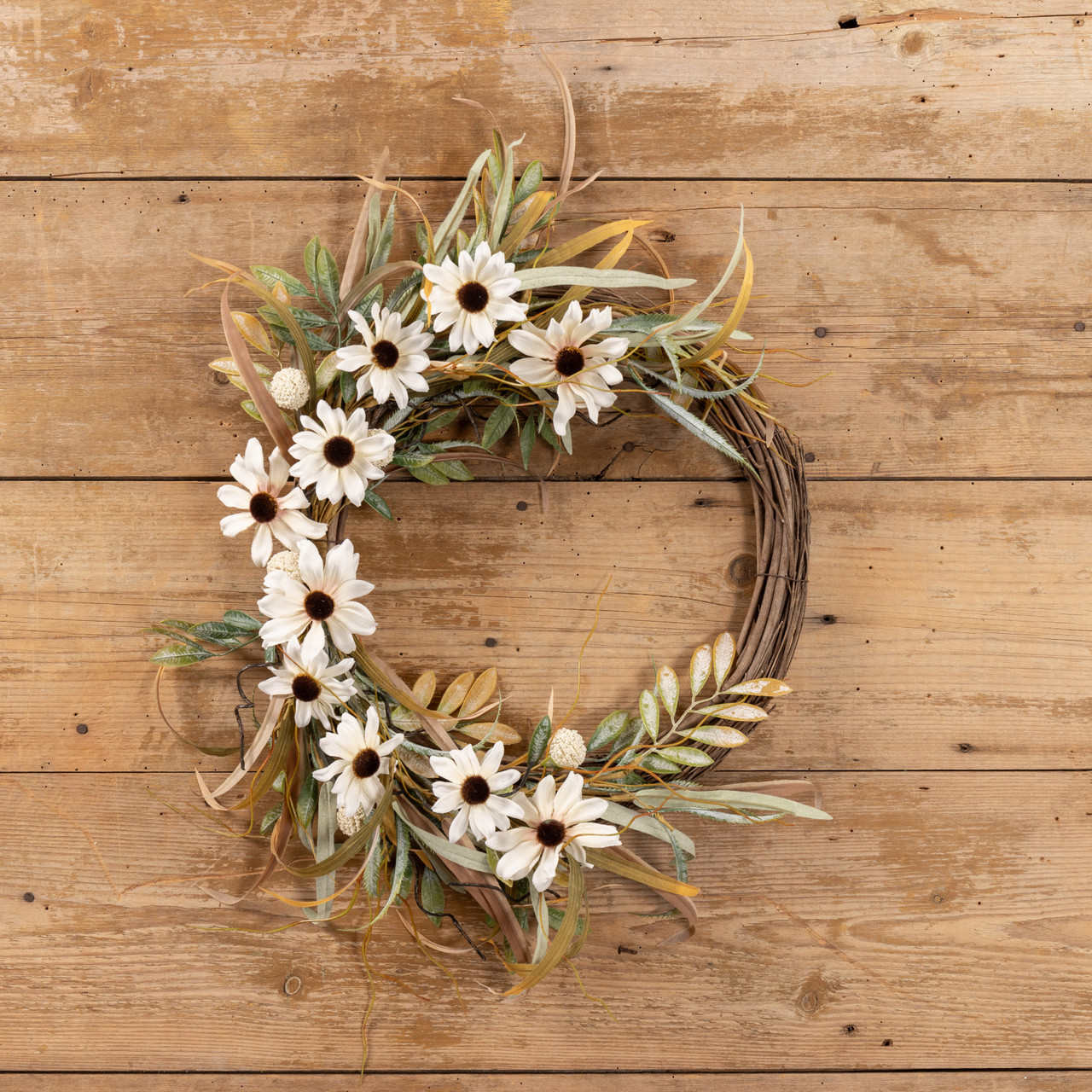 24" WHITE MIXED BLACK-EYED SUSAN WREATH - Ragon House