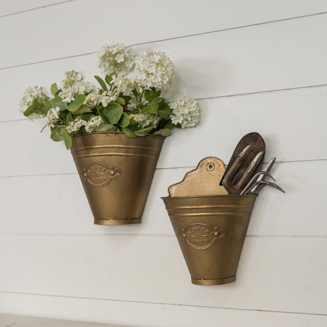 SET/ 2 AGED GOLD METAL WALL BUCKETS - Ragon House