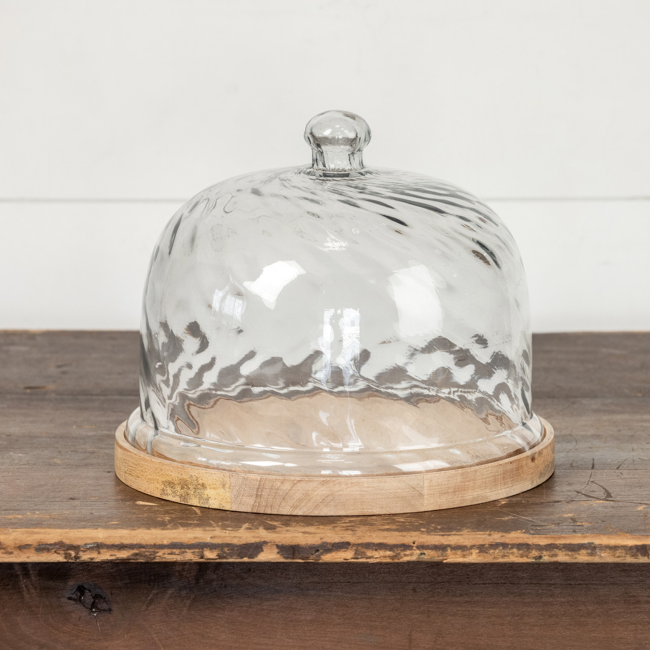 12" GROOVED GLASS CLOCHE W/ WOOD BASE