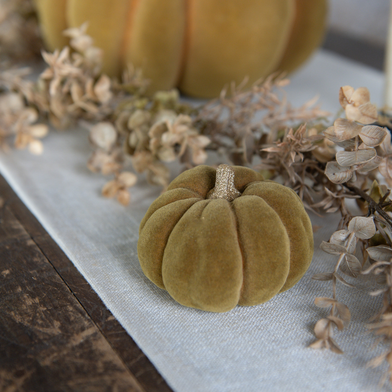3" GREEN FLOCKED PUMPKIN W/ GOLD STEM - Ragon House
