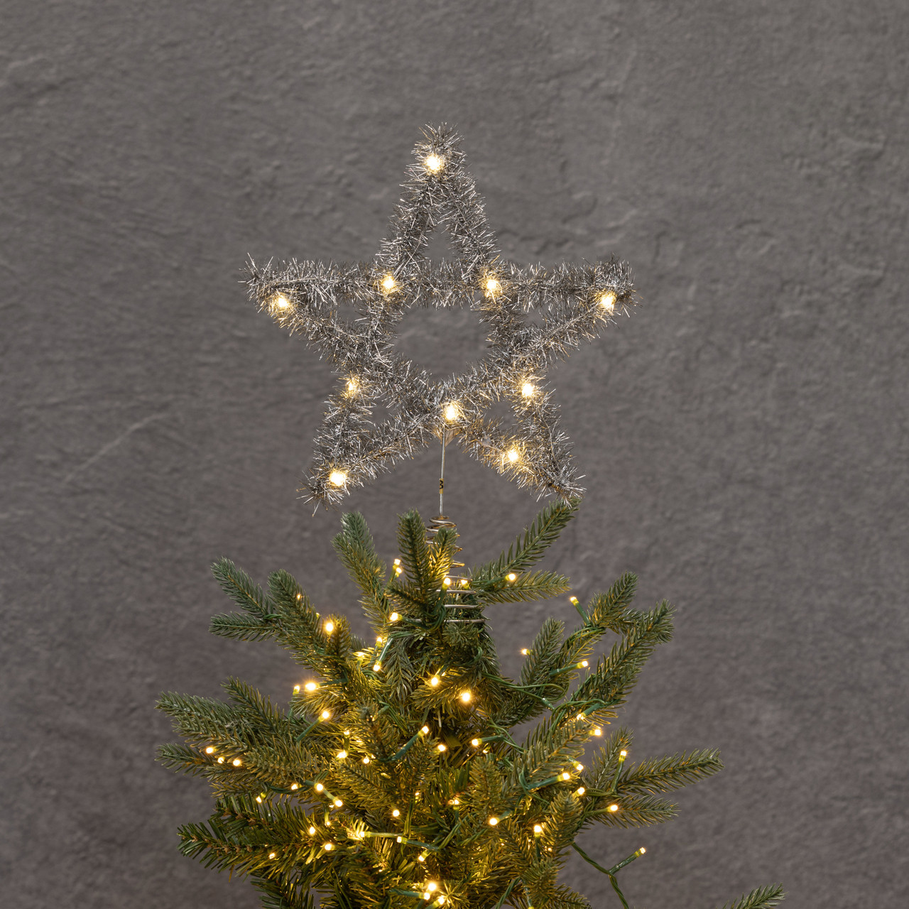 LIGHTED SILVER TINSEL STAR TREE TOPPER - Ragon House