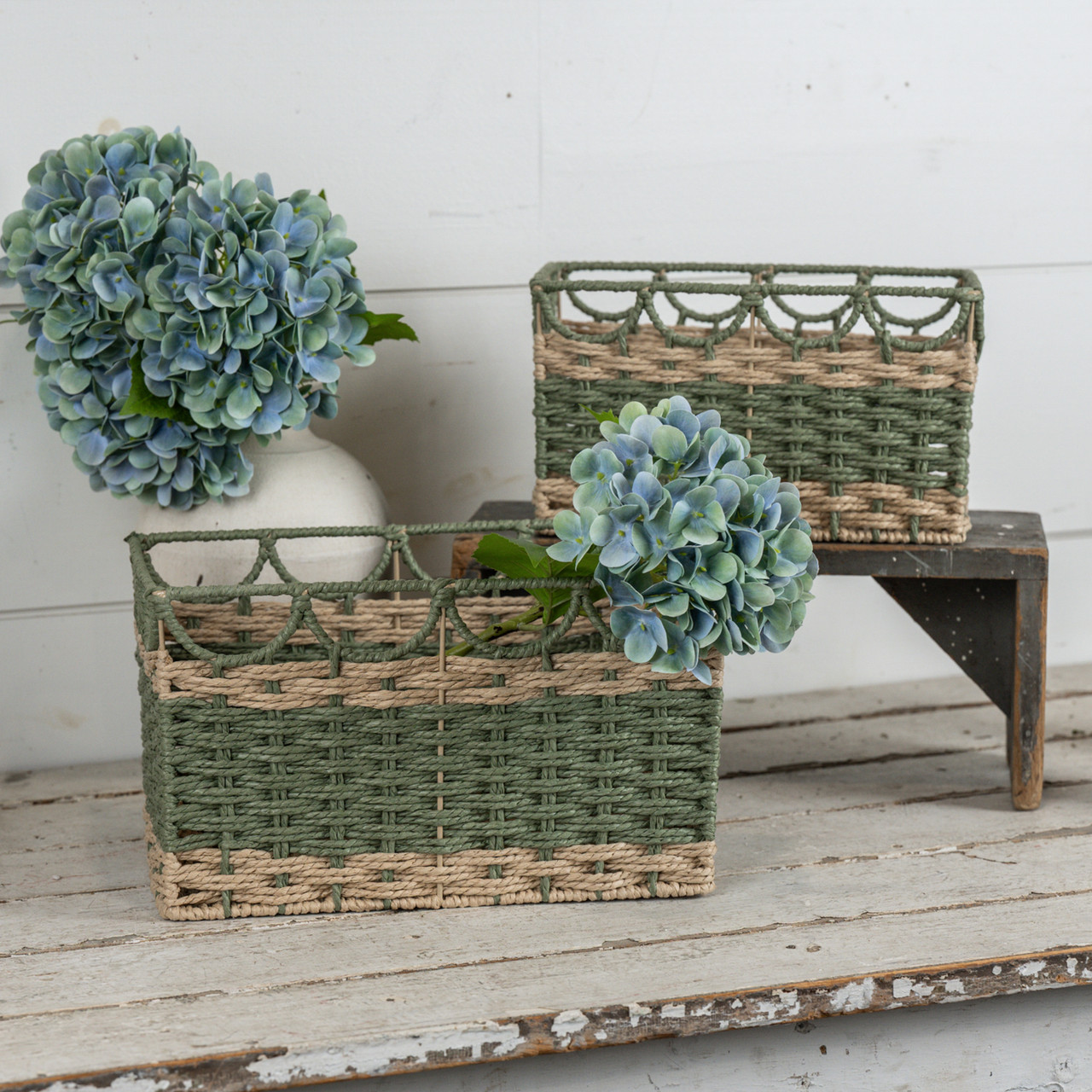 SET/ 2 GREEN & TAN WOVEN BASKETS - Ragon House