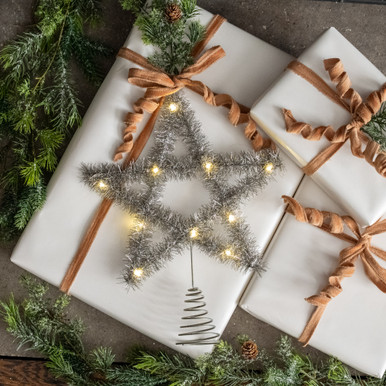 LIGHTED SILVER TINSEL STAR TREE TOPPER - Ragon House