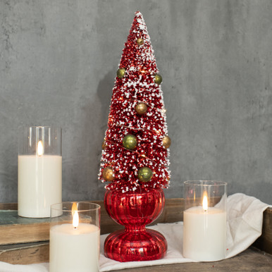 16" LIGHTED TREE IN RED GLASS BASE - Ragon House