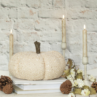 7.5" BEIGE FRAYED RIBBON FABRIC PUMPKIN W/ FAUX WOOD STEM - Ragon House