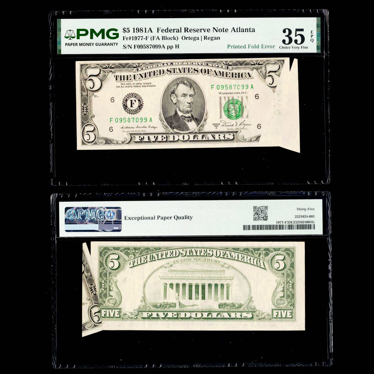 PMG 35 EPQ 1981A $5 ATLANTA FEDERAL RESERVE NOTE PRINTED FOLD ERROR JM2174