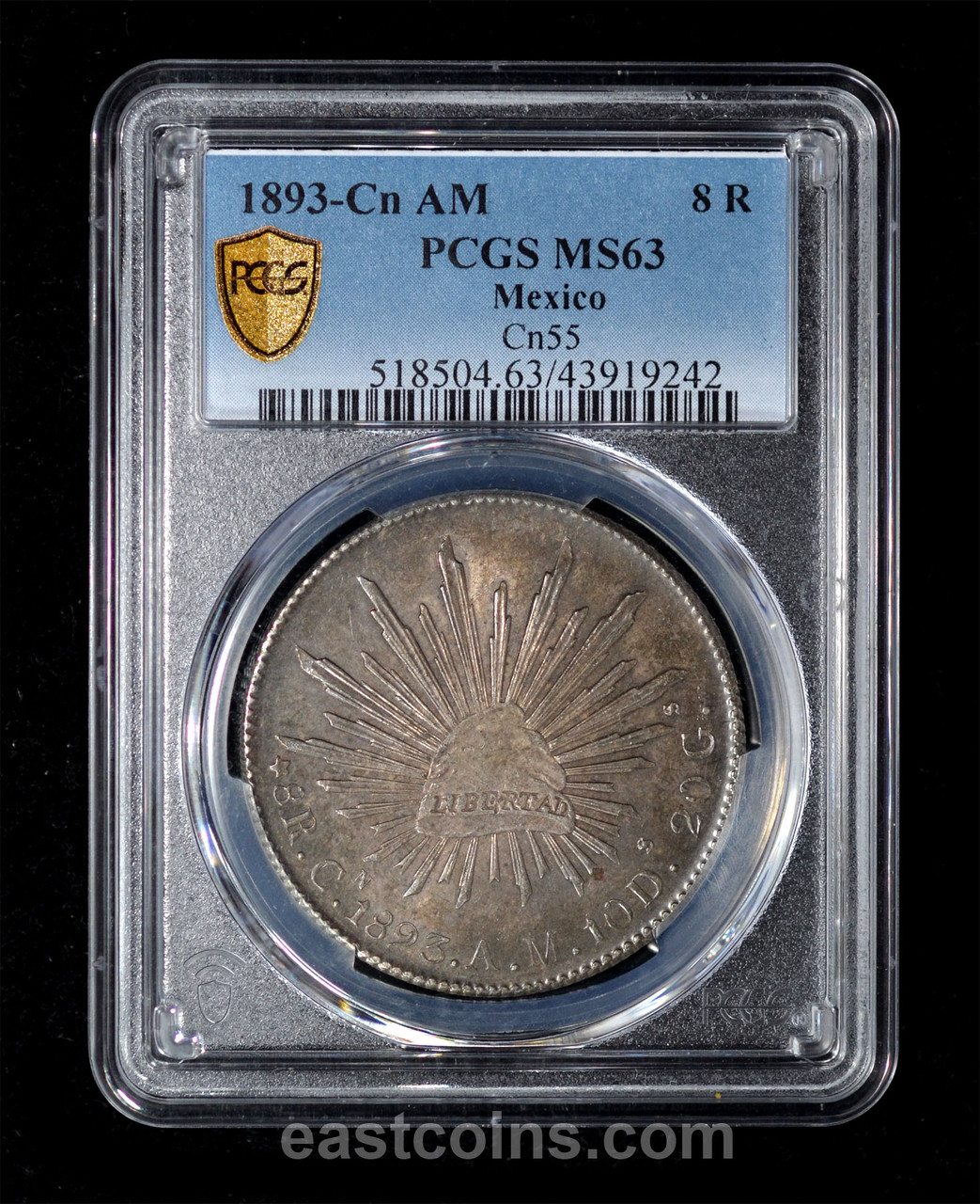 PCGS MS63 1893 Cn AM Mexico 8 Reales rare!!