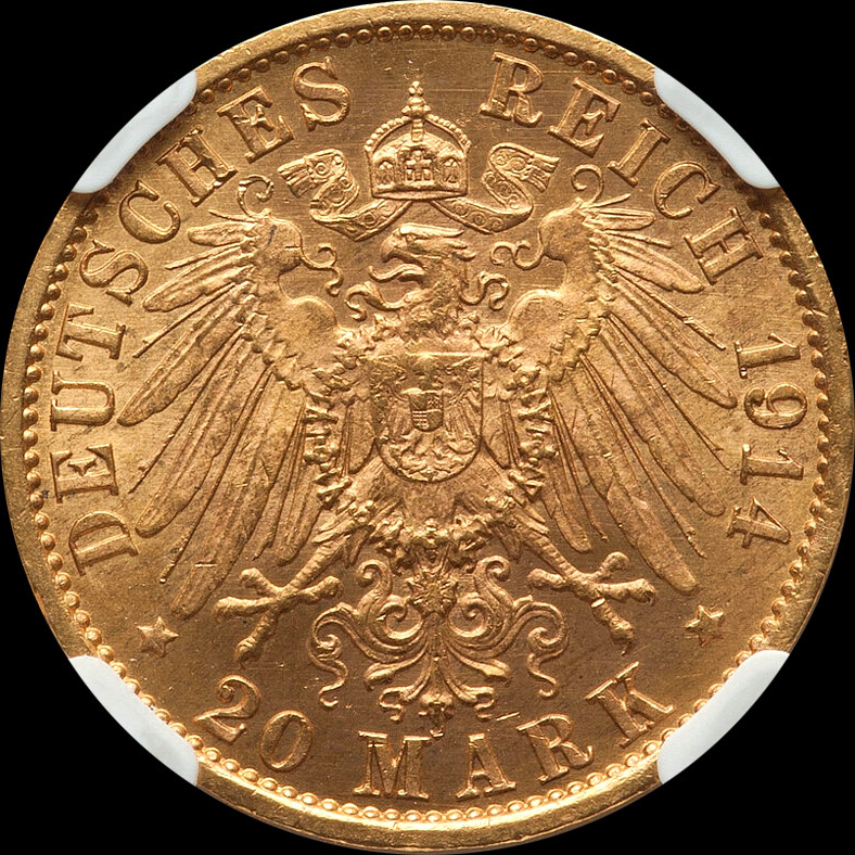 NGC MS65 1914-A German States Prussia Wilhelm II gold 20 Mark , Ex ...