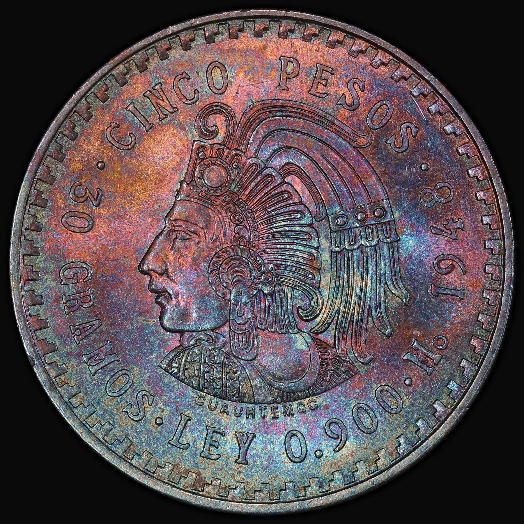 PCGS MS67 1948 MEXICO Aztec Chieftain CUAUHTEMOC Eagle Silver 5 Peso